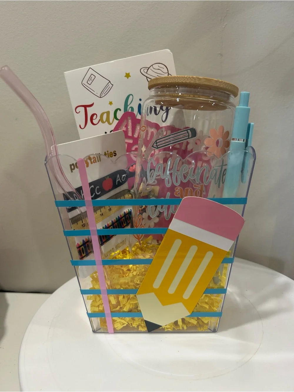 Other | Teacher Gift Basket With Floral Glass Tumbler And Pastel ...